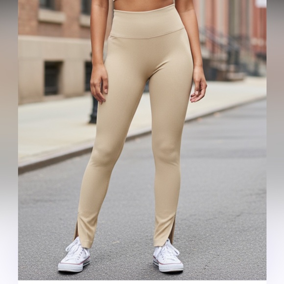 OQQ | Pants & Jumpsuits | Nwt Stylish Beige Ribbed Leggings Activewear ...